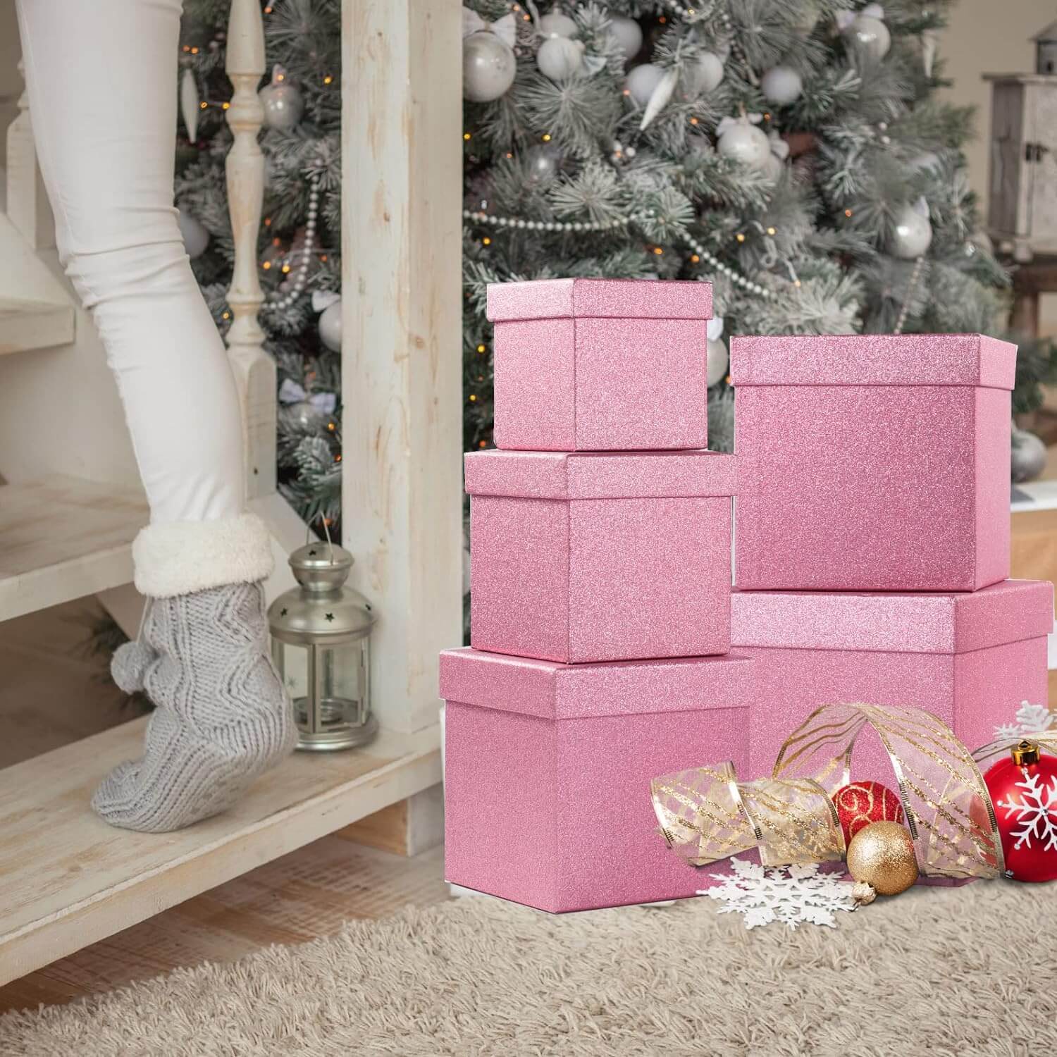 Posh Paper Gift Boxes, Christmas Gift Boxes, Pink - Pack of 5
