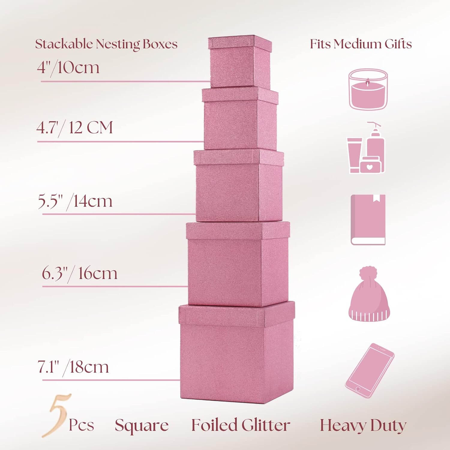 Posh Paper Gift Boxes, Christmas Gift Boxes, Pink - Pack of 5